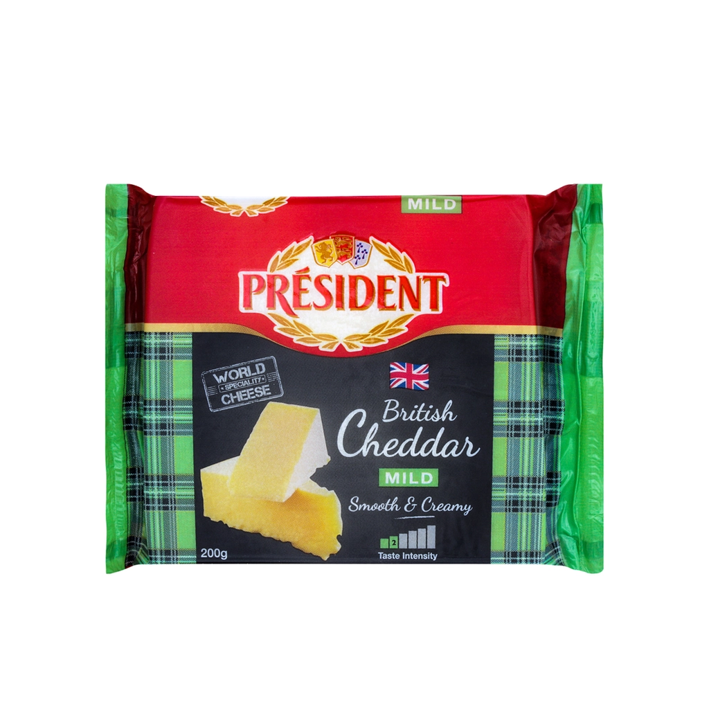 President Mild Cheddar Cheese Block 200G. Pack 8