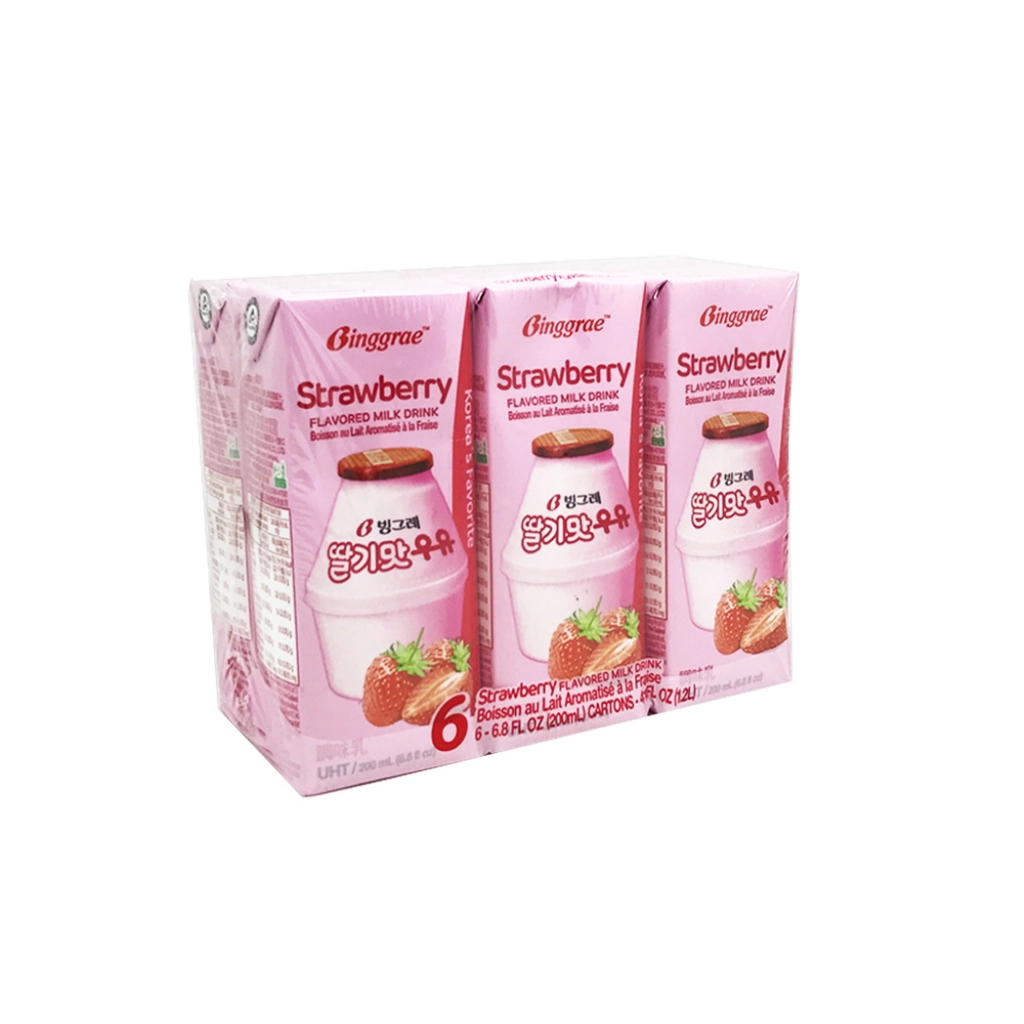 Binggrae Strawberry Flavored Milk Drink 200ML. Pack 6