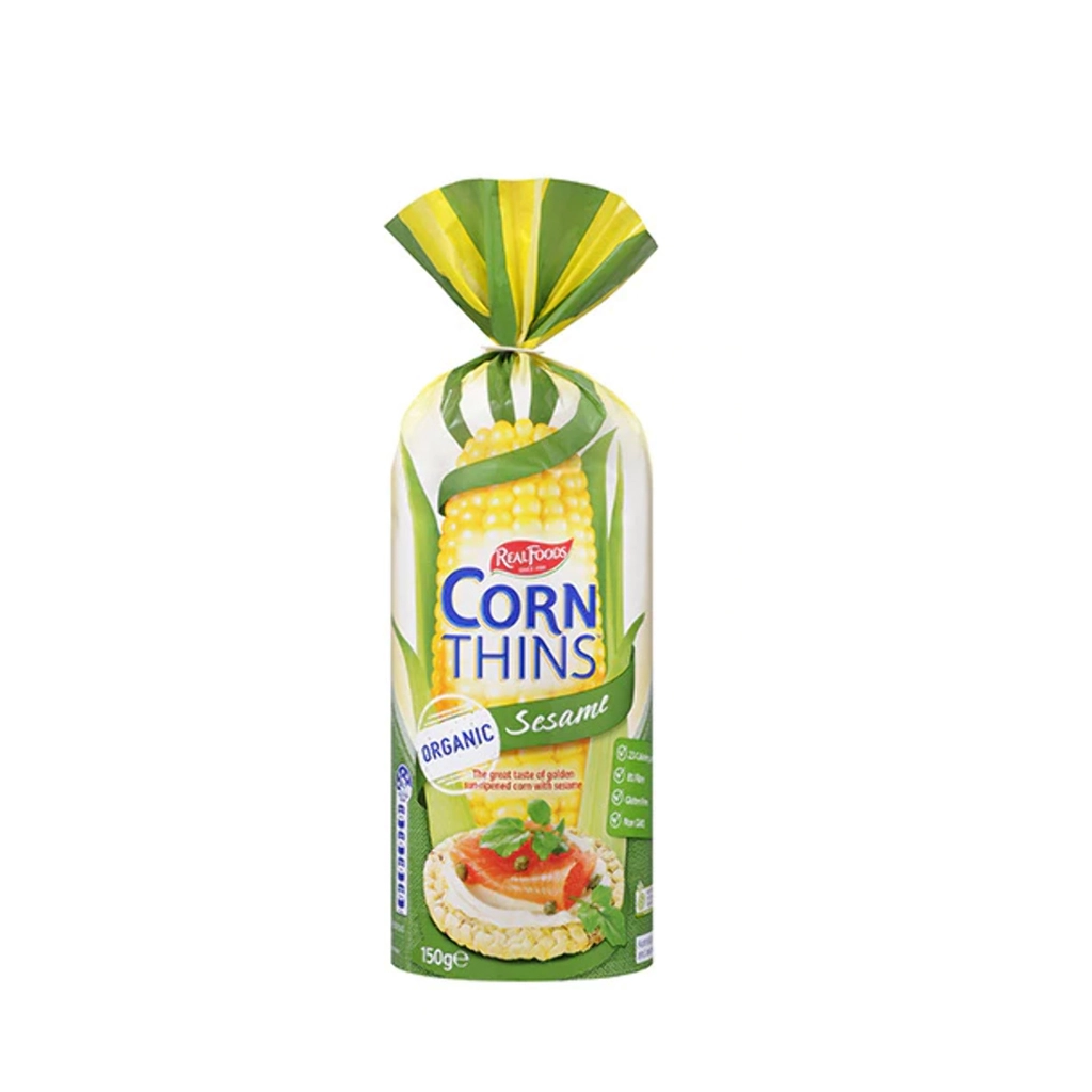Real Foods Sesame Corn Thins 150G.